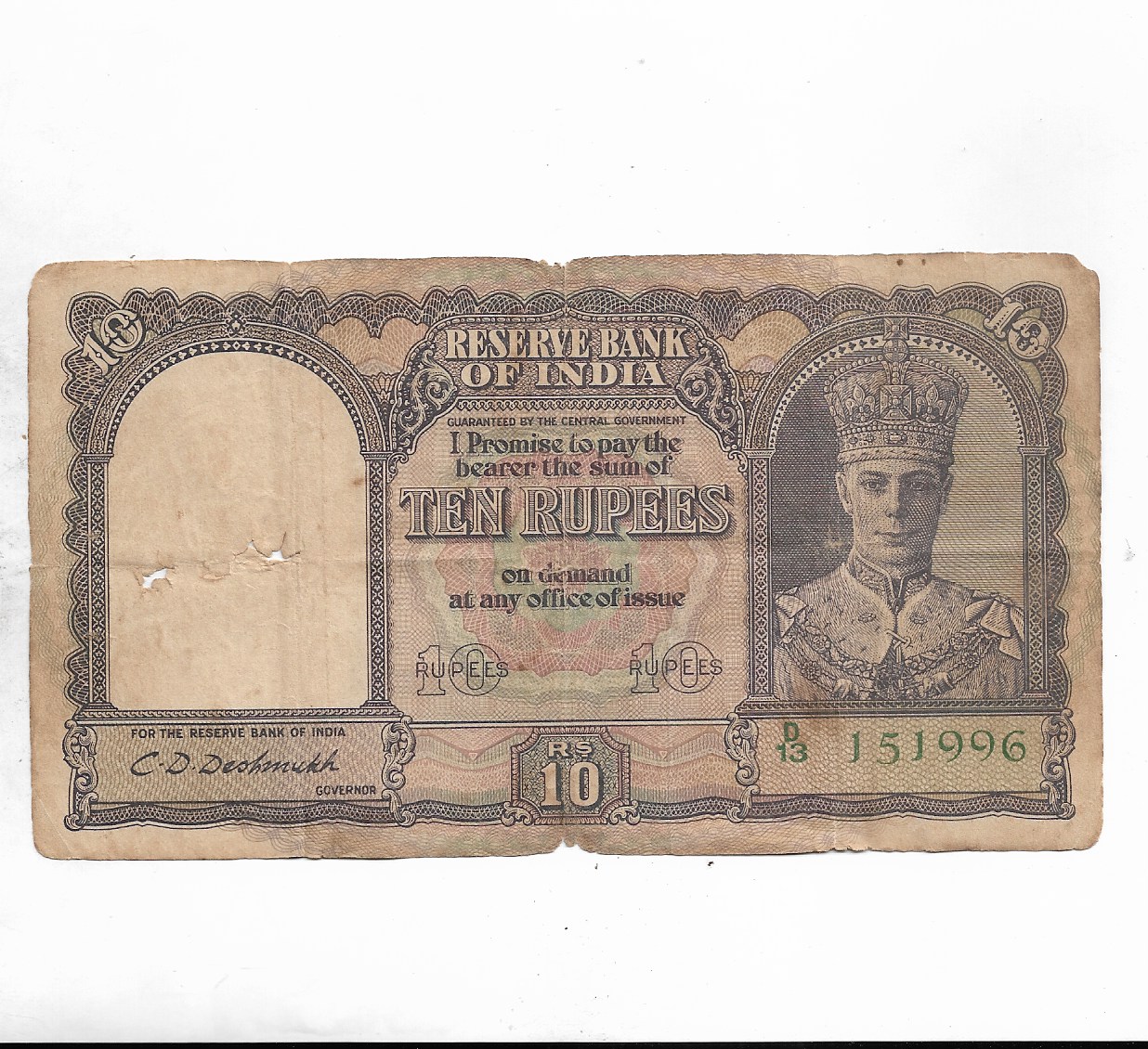 KING GEORGE VI ~ 10 RUPEE NOTE ~ C.D.DESHMUKH ~ RARE NOTE ~ F-1/12 ...