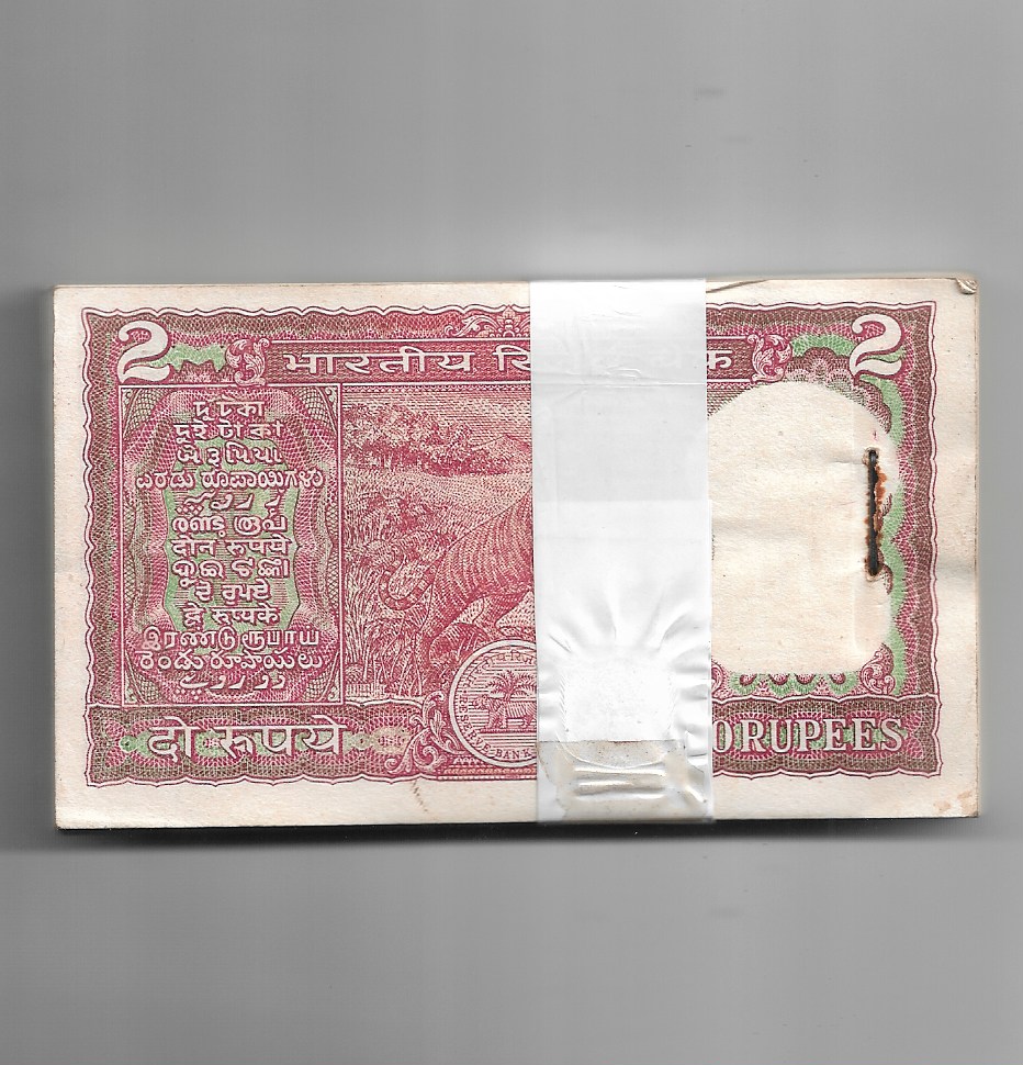 2 RUPEE ~ R.N.MALHOTRA ( TIGER ON BACK ) ~ 100 NOTE BUNDLE ( WITH SEMI ...