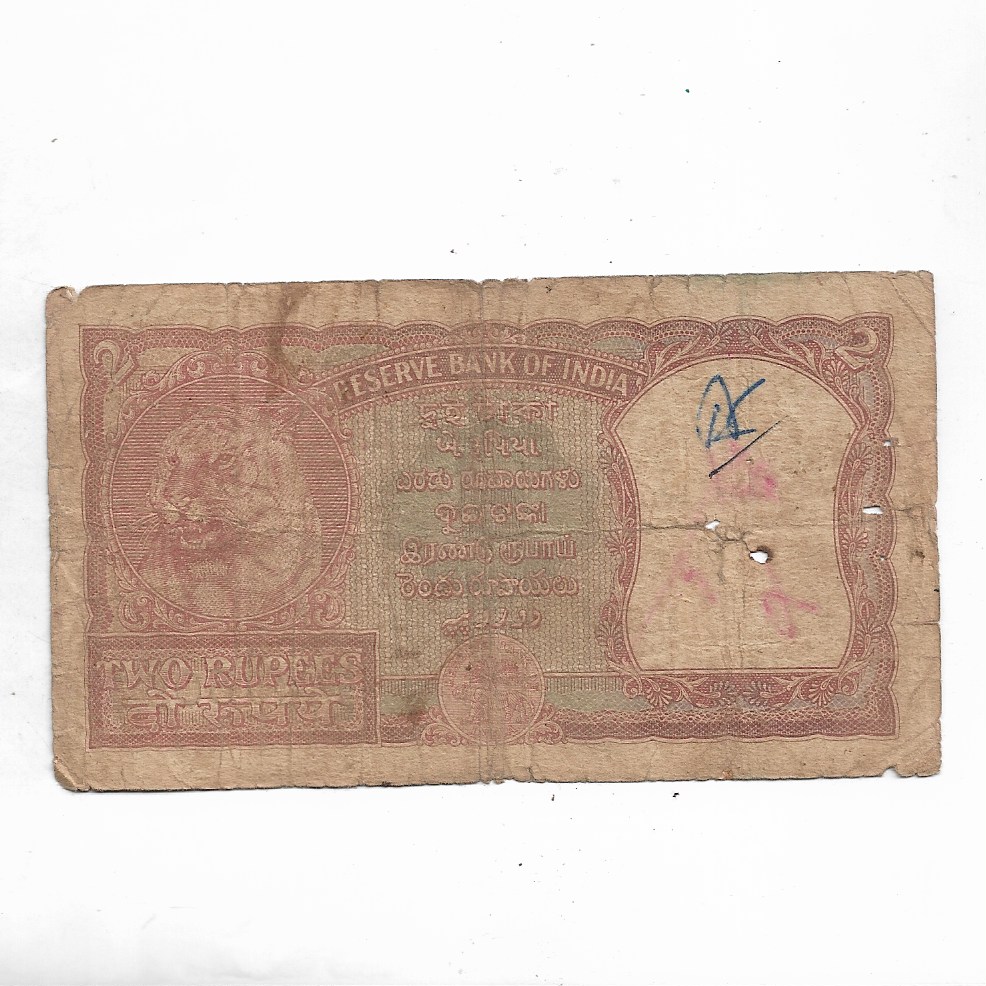 2 RUPEE ~ H.V.R.IYENGER ~ “N” PRIFIX ~ TIGER FACE ON BACK RARE NOTE ~ F ...