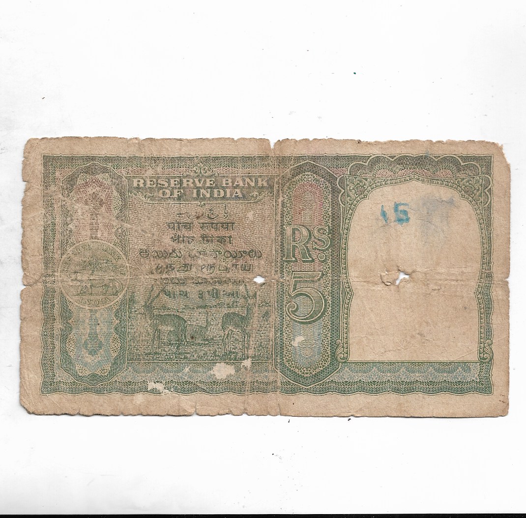 GEORGE VI ~ 5 RUPEE ~ C.D.DESHMUKH ~ 3 DEER ON BACK ~ “A” PRIFIX ~ RARE ...