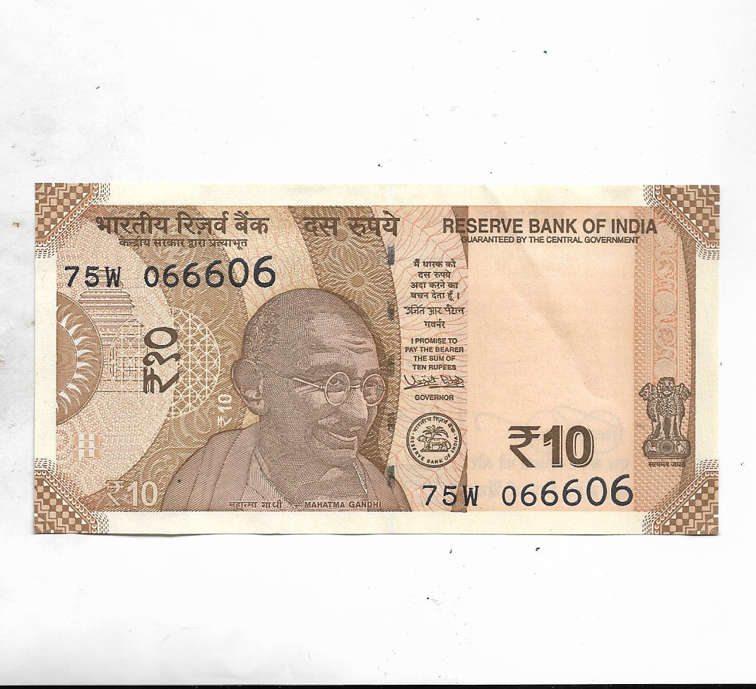 10 RUPEE ~ ” 066606 ” URJIT R PATEL, 2018 ~ FANCY SERIAL NO. NOTE ~ O ...