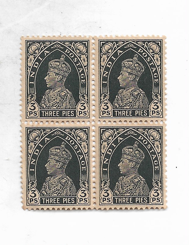 GEORGE VI ~ 3 PIES ( POSTAGE ) ~ MINT BLOCK OF 4 STAMPS ( With Star ...