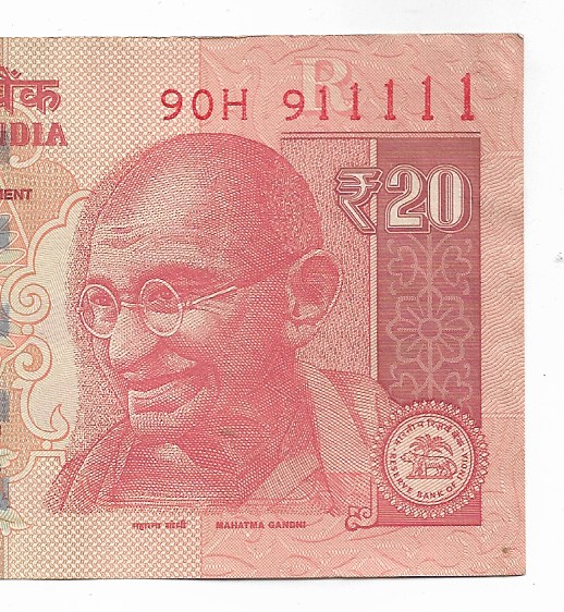 20 RUPEE ~ 911111 ~ FANCY SERIAL ( URJIT R PATEL, 2017 ) ~ UNC RARE ...