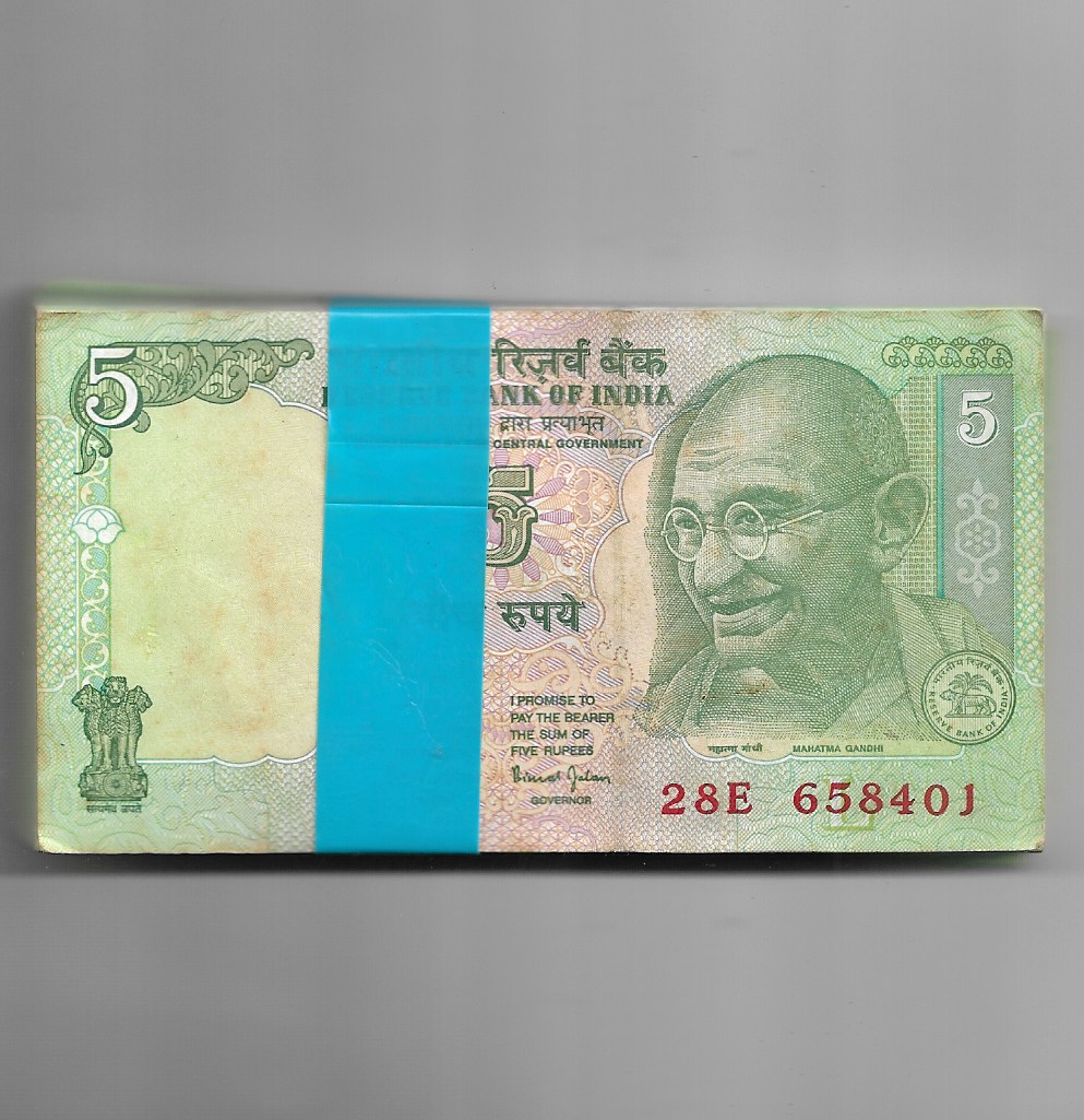 5 RUPEE ~ BIMAL JALAN ~ 100 NOTE BUNDLE ( TRACTOR ON BACK ) ~ GOOD FOR ...
