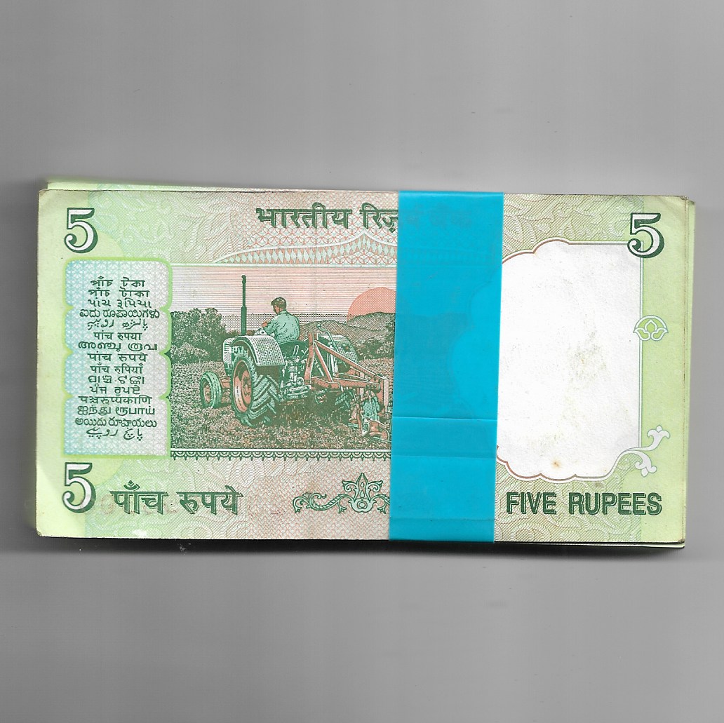 5 RUPEE ~ BIMAL JALAN ~ 100 NOTE BUNDLE ( TRACTOR ON BACK ) ~ GOOD FOR ...