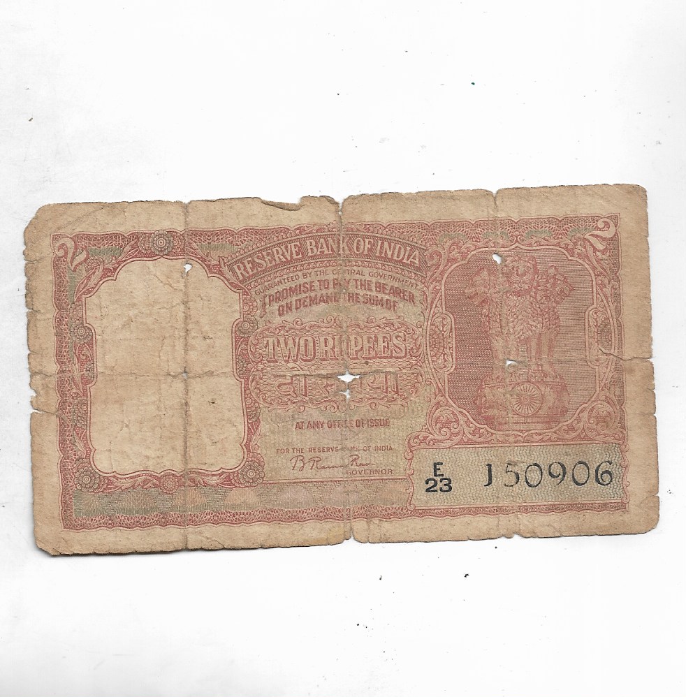 2 RUPEE ~ B.RAMA RAO, 2nd ISSUE ~ ” E ” PRIFIX ~ TIGER FACE ~ RARE NOTE ...