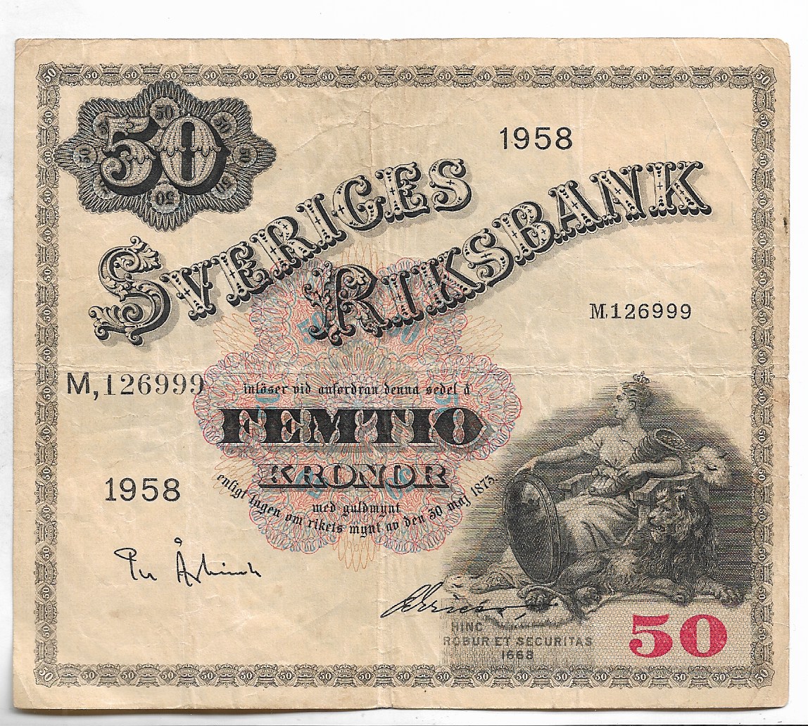 SWEDEN ~ 50 Kronor, 1958 ~ RARE OLD ISSUE NOTE ~ O-36 – Indian Hobby Club