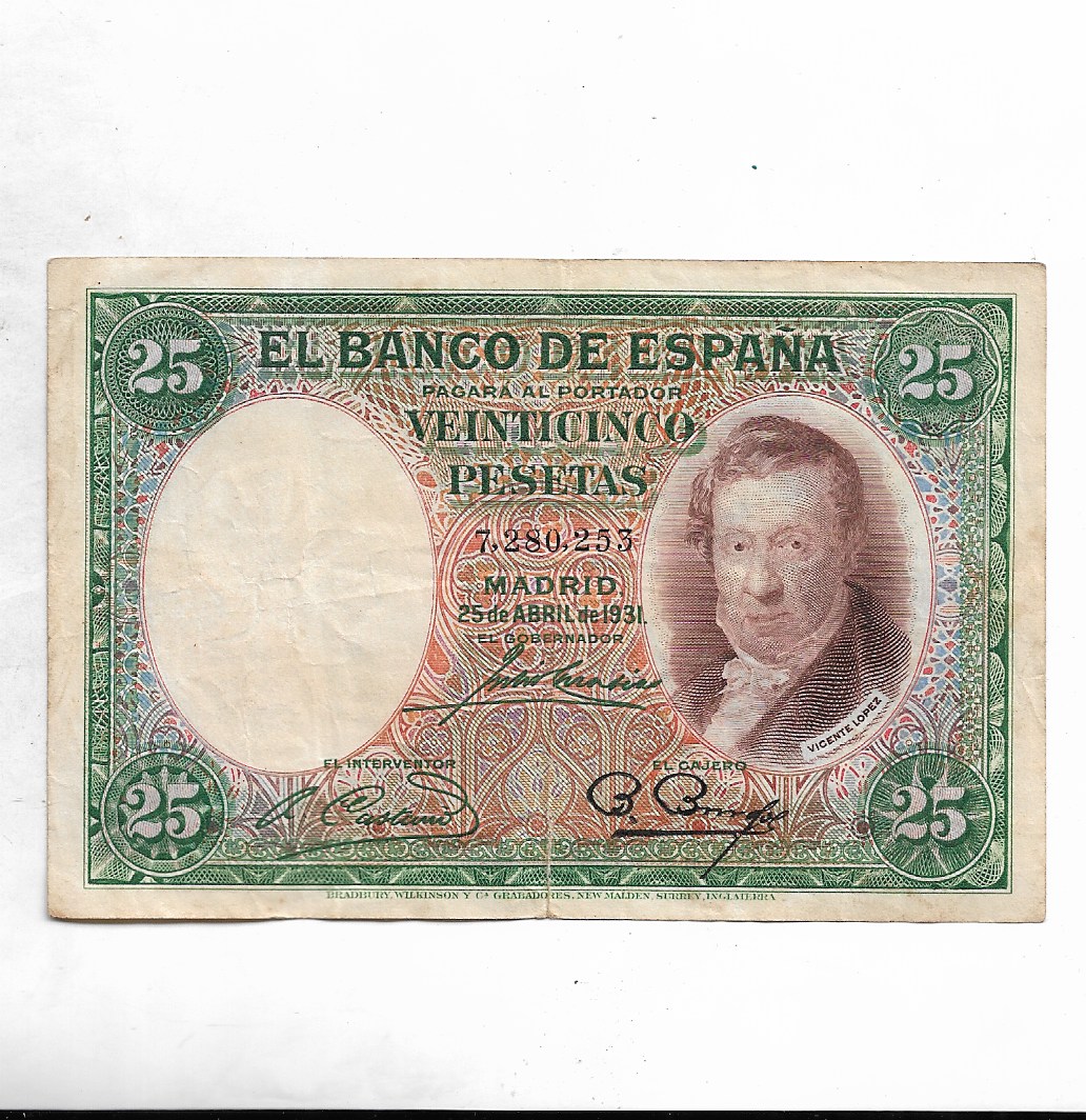 SPAIN ~ 25 Pesetas, 1931 ~ OLD ISSUE RARE NOTE ~ F-4/8 – Indian Hobby Club