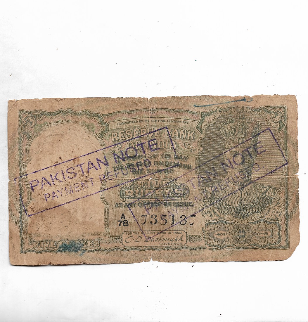 GEORGE VI ~ 5 RUPEE ~ C.D.DESHMUKH ( PAKISTAN Overprint ) ~ 3 DEER ON ...