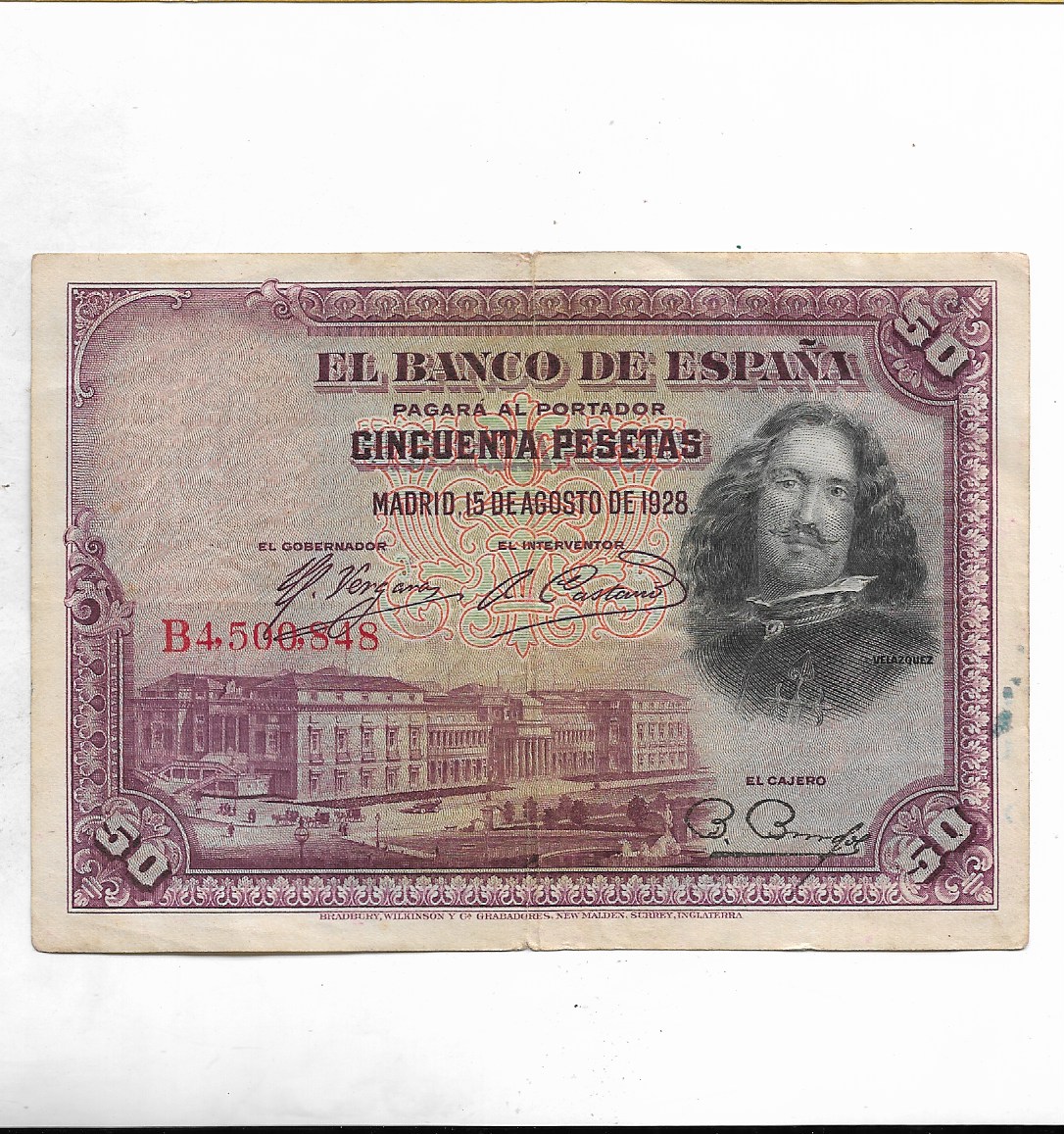 SPAIN ~ 50 Pesetas, Alfonso XIII ( OLD ISSUE ) ~ 1928 ~ RARE NOTE ~ F ...