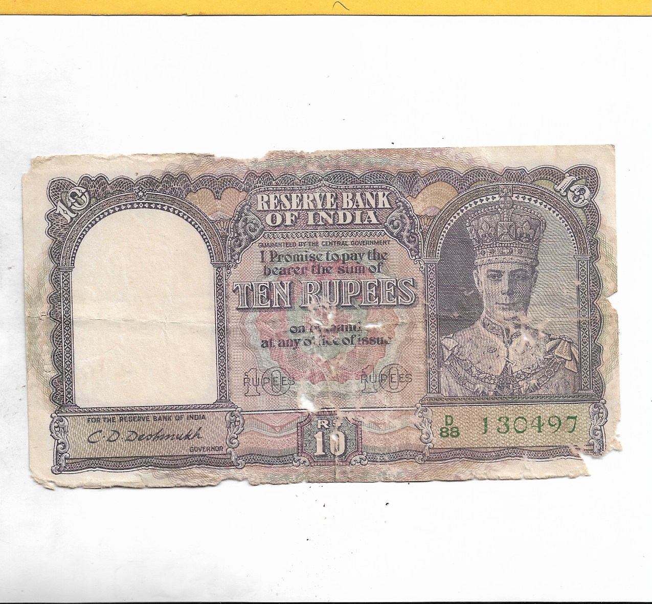 KING GEORGE VI ~ 10 RUPEE NOTE ~ C.D.DESHMUKH ~ “D” PRIFIX ~ RARE NOTE ...