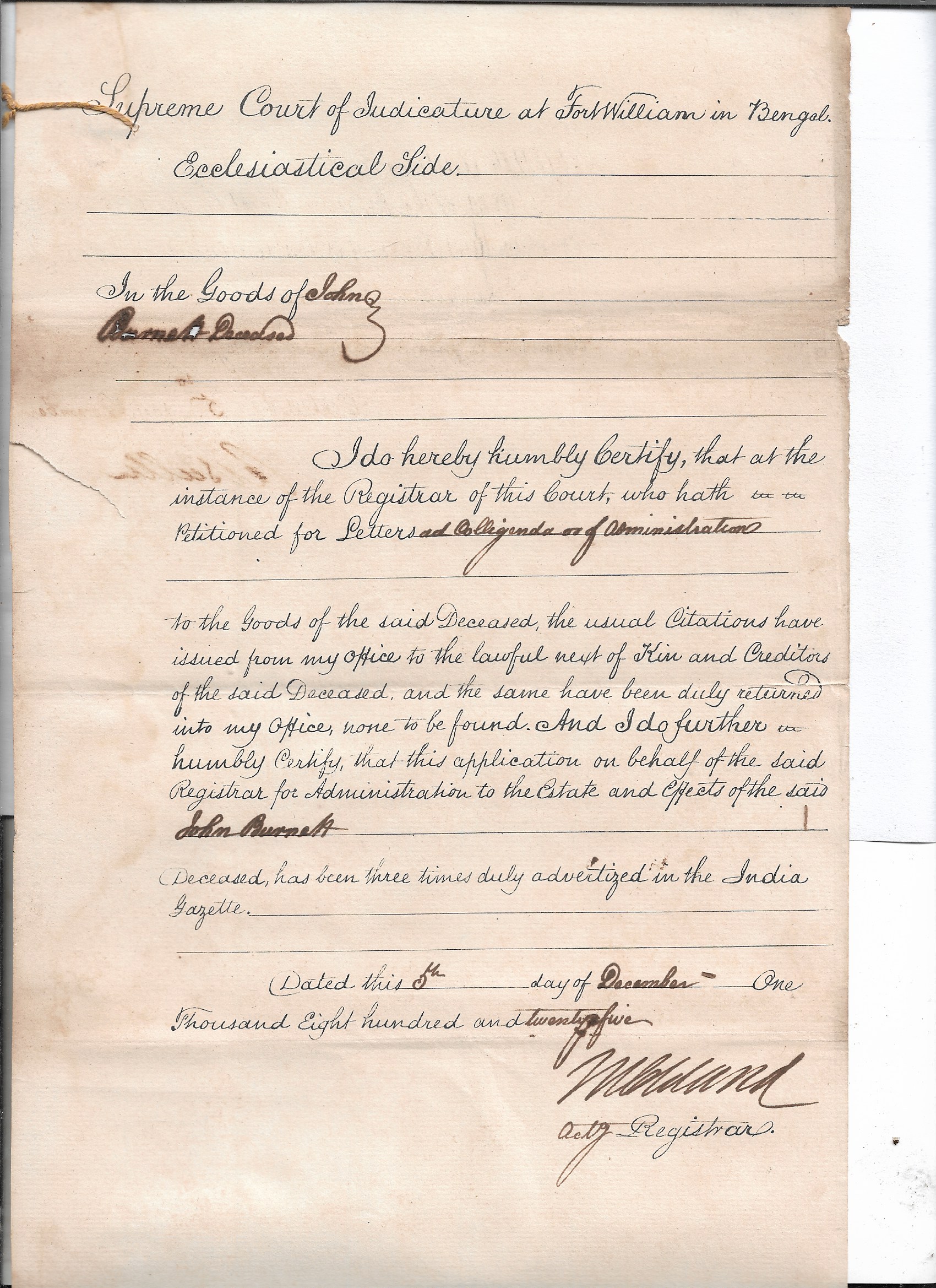 INDIA ~ OLD WILLIAM FORT ~ DOCUMENT ~ 1825 ~ WITH ORIGINAL Signature ES ...
