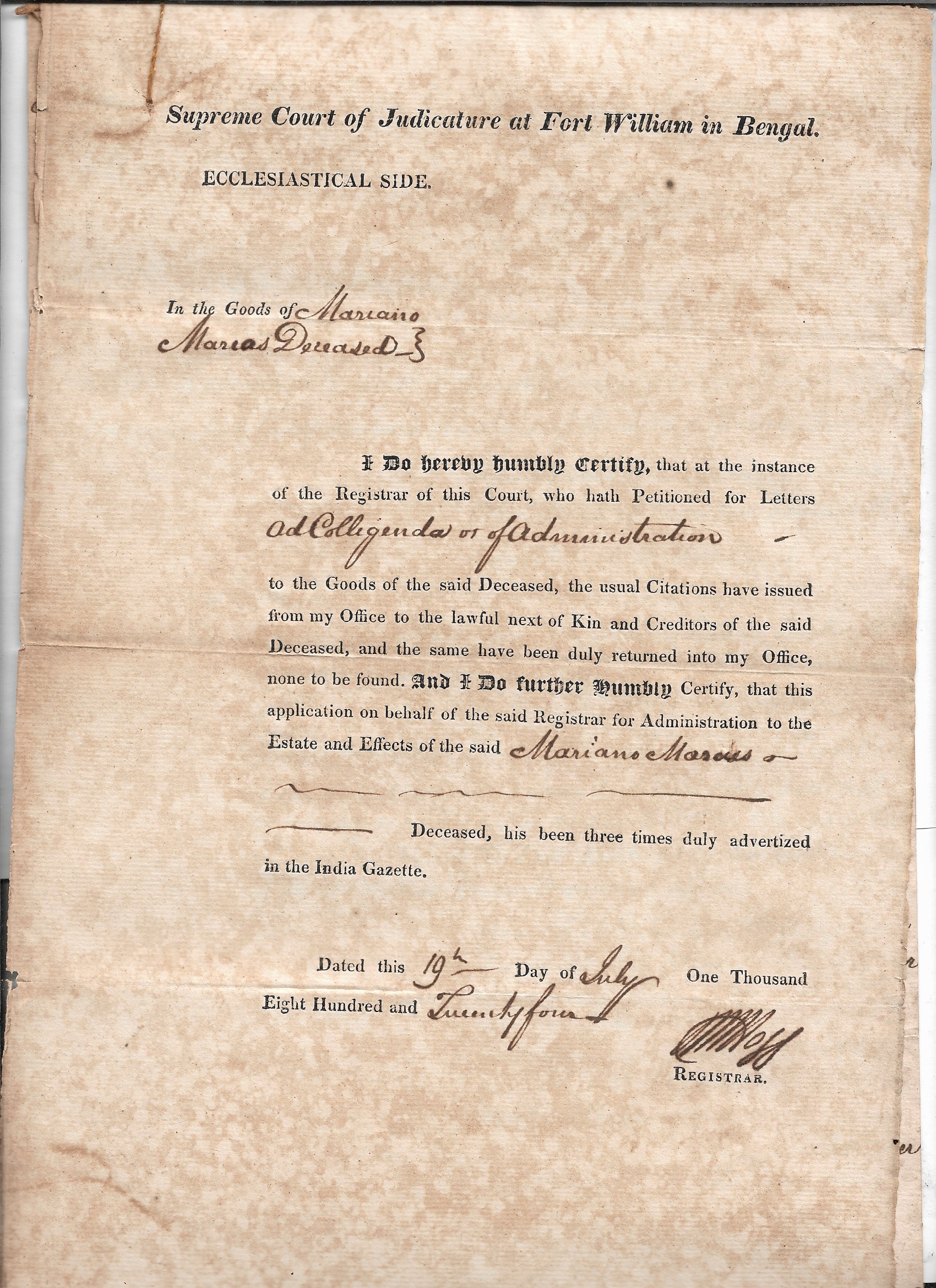 INDIA ~ OLD WILLIAM FORT ~ DOCUMENT ~ 1824 ~ WITH ORIGINAL Signature ...