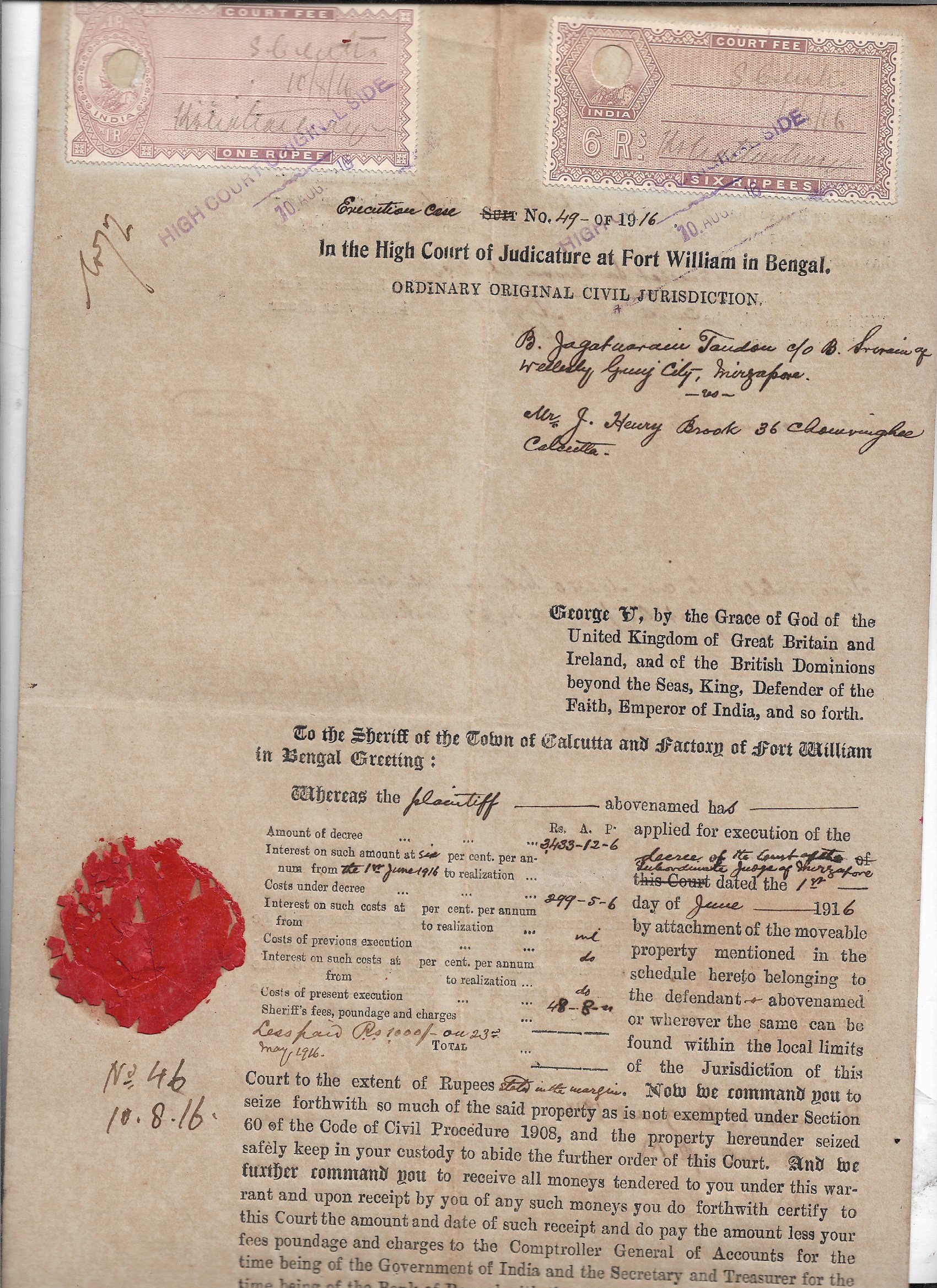 INDIA ~ OLD WILLIAM FORT ~ DOCUMENT ( With SEAL ) ~ 1916 ~ WITH ...