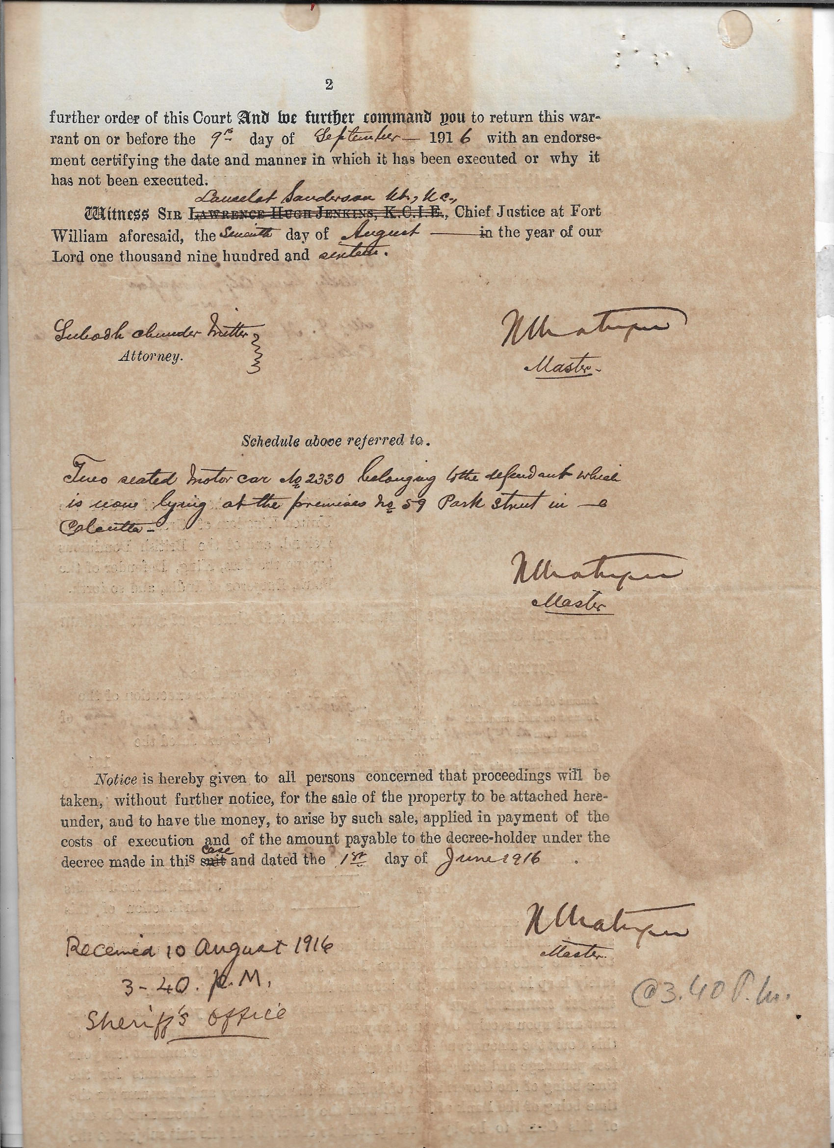 INDIA ~ OLD WILLIAM FORT ~ DOCUMENT ( With SEAL ) ~ 1916 ~ WITH ...