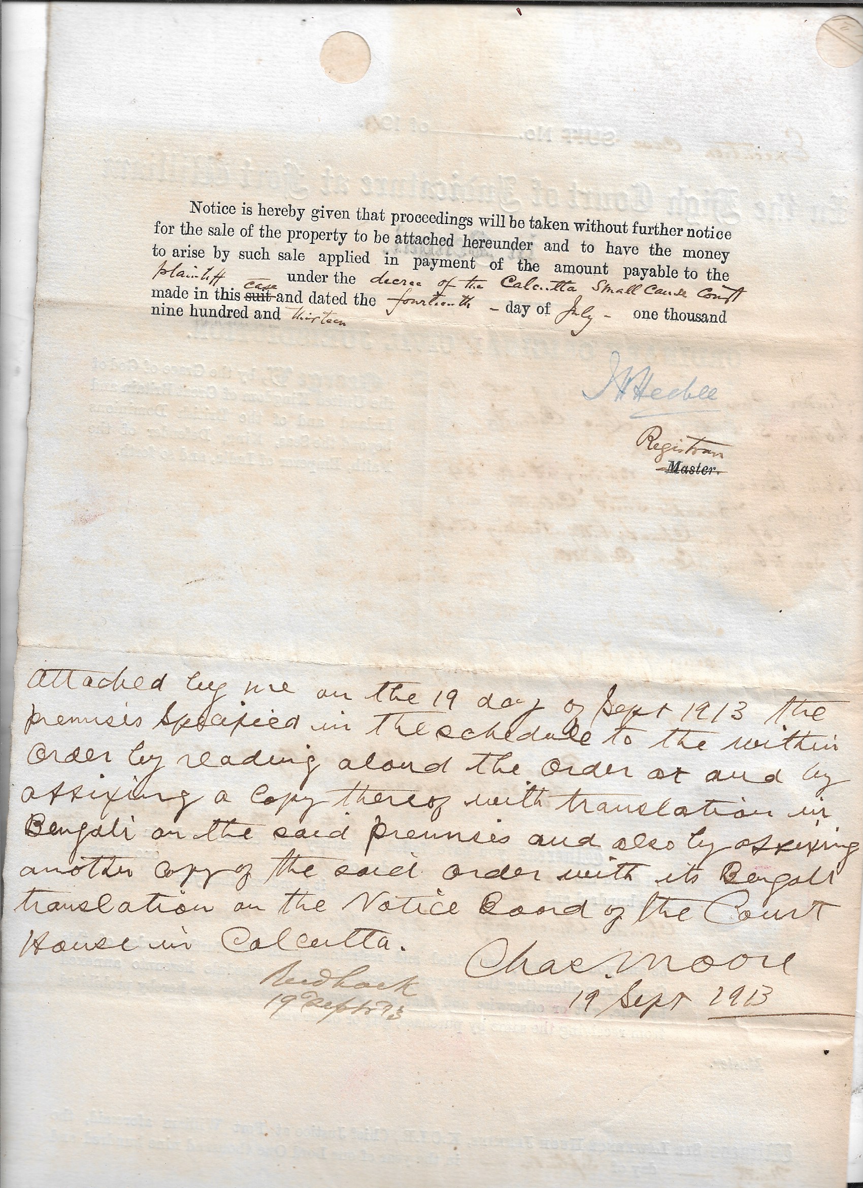 INDIA ~ OLD WILLIAM FORT ~ DOCUMENT ~ 1913 ~ WITH ORIGINAL Signature ...