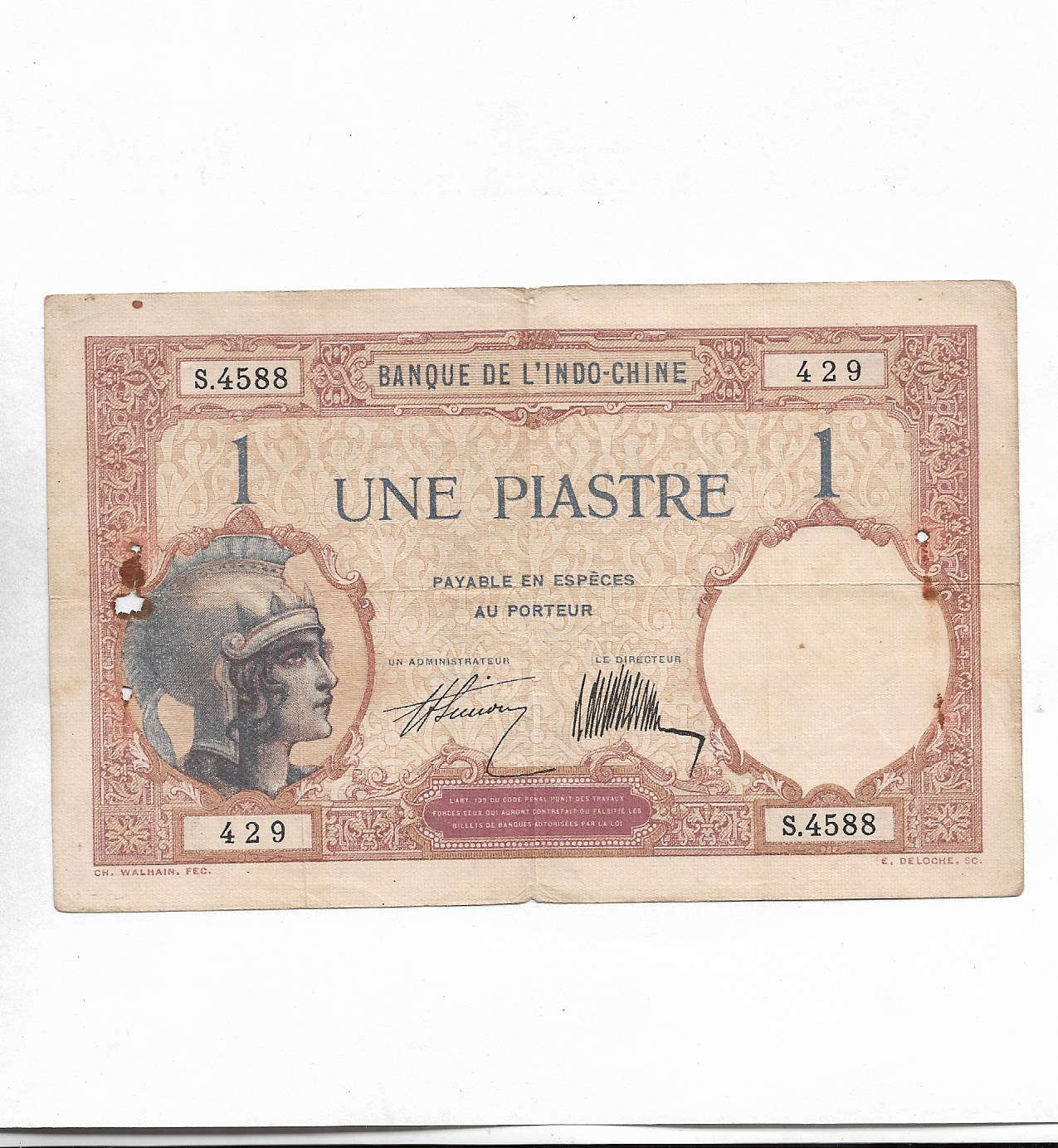 French Indochina ~ 1 Piastre, 1921 ~ V.RARE NOTE ~ F-4/30 – Indian ...