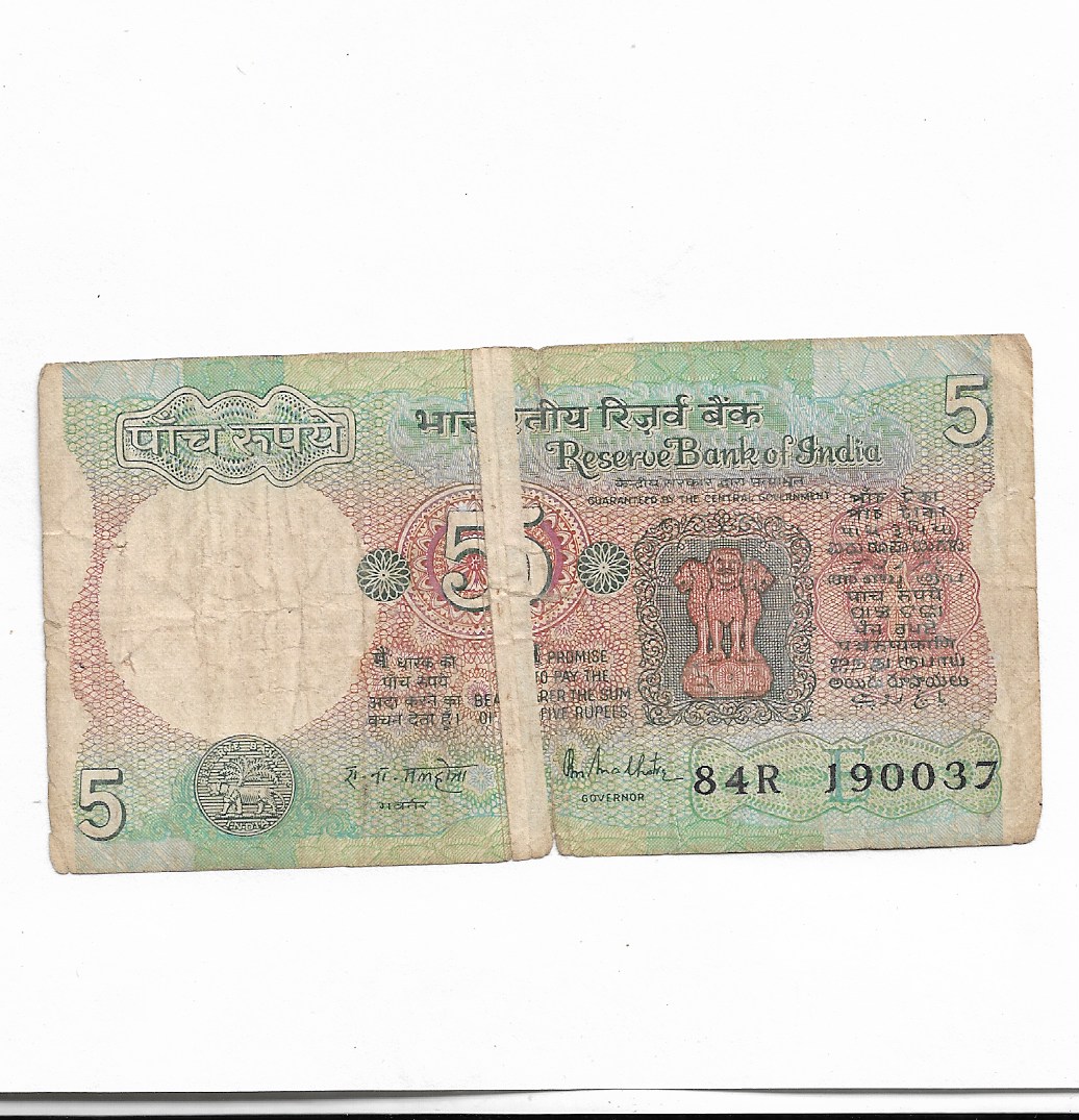5 RUPEE ~ ERROR NOTE ~ BIG RINKEL ~ R.N.MALHOTRA ~ RARE NOTE ~ F-2/3 ...