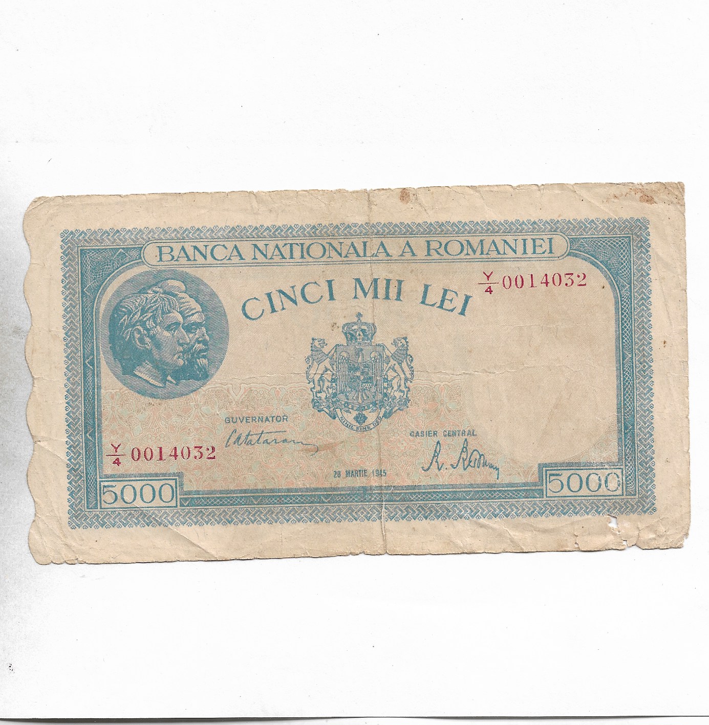 ROMANIA ~ 5000 Lei, 1945 ~ RARE OLD ISSUE NOTE ~ F-4/5 – Indian Hobby Club