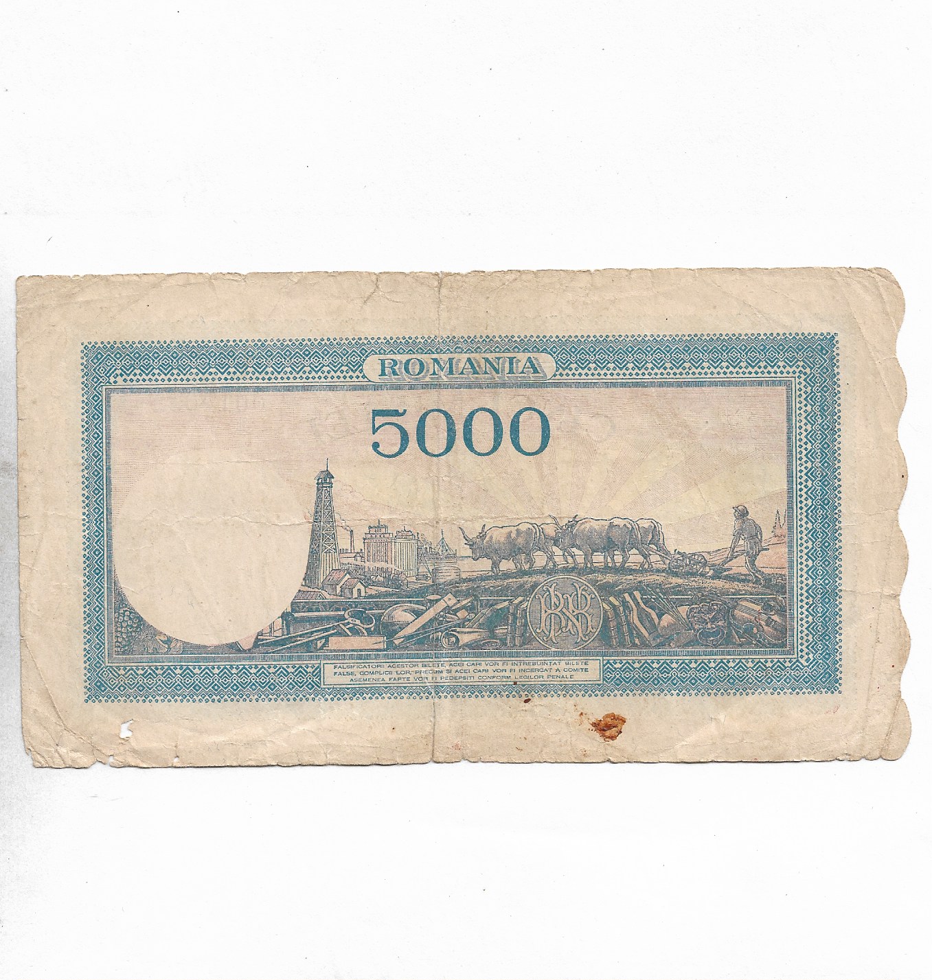 ROMANIA ~ 5000 Lei, 1945 ~ RARE OLD ISSUE NOTE ~ F-4/5 – Indian Hobby Club