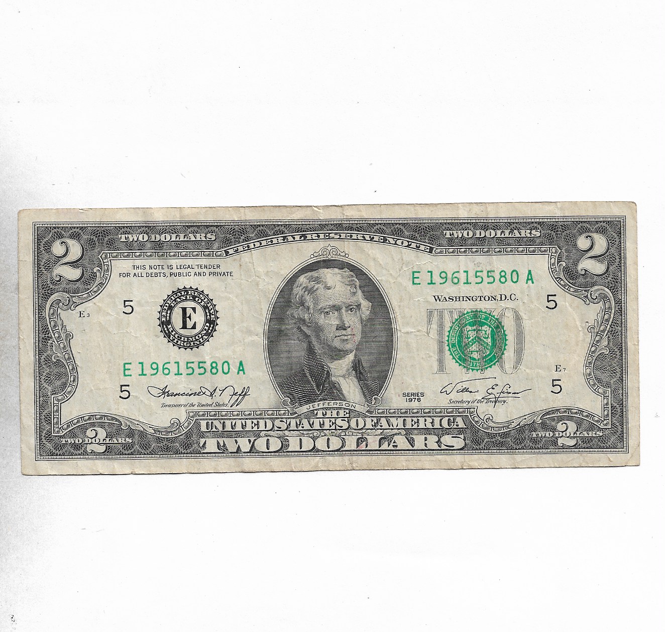 UNITED STATES ~ 2 Dollars Federal Reserve Note, 1976 ~ RARE NOTE ~ B-7 ...