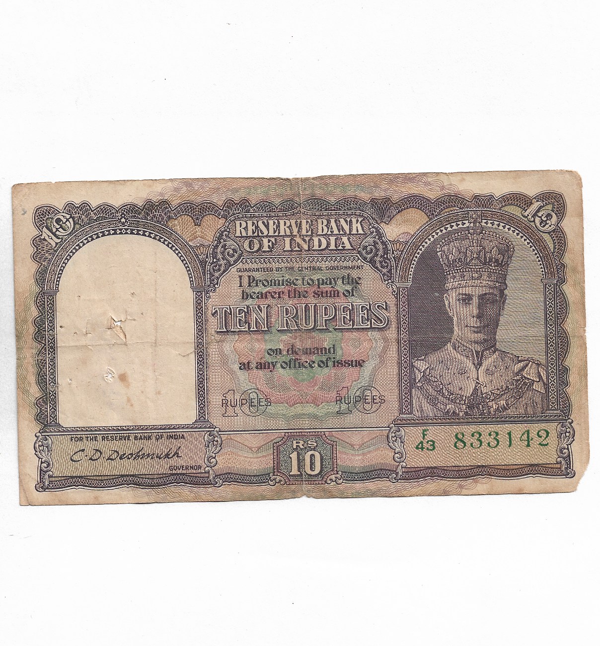 KING GEORGE VI ~ 10 RUPEE NOTE ~ C.D.DESHMUKH ~ “F” PRIFIX ~ RARE NOTE ...