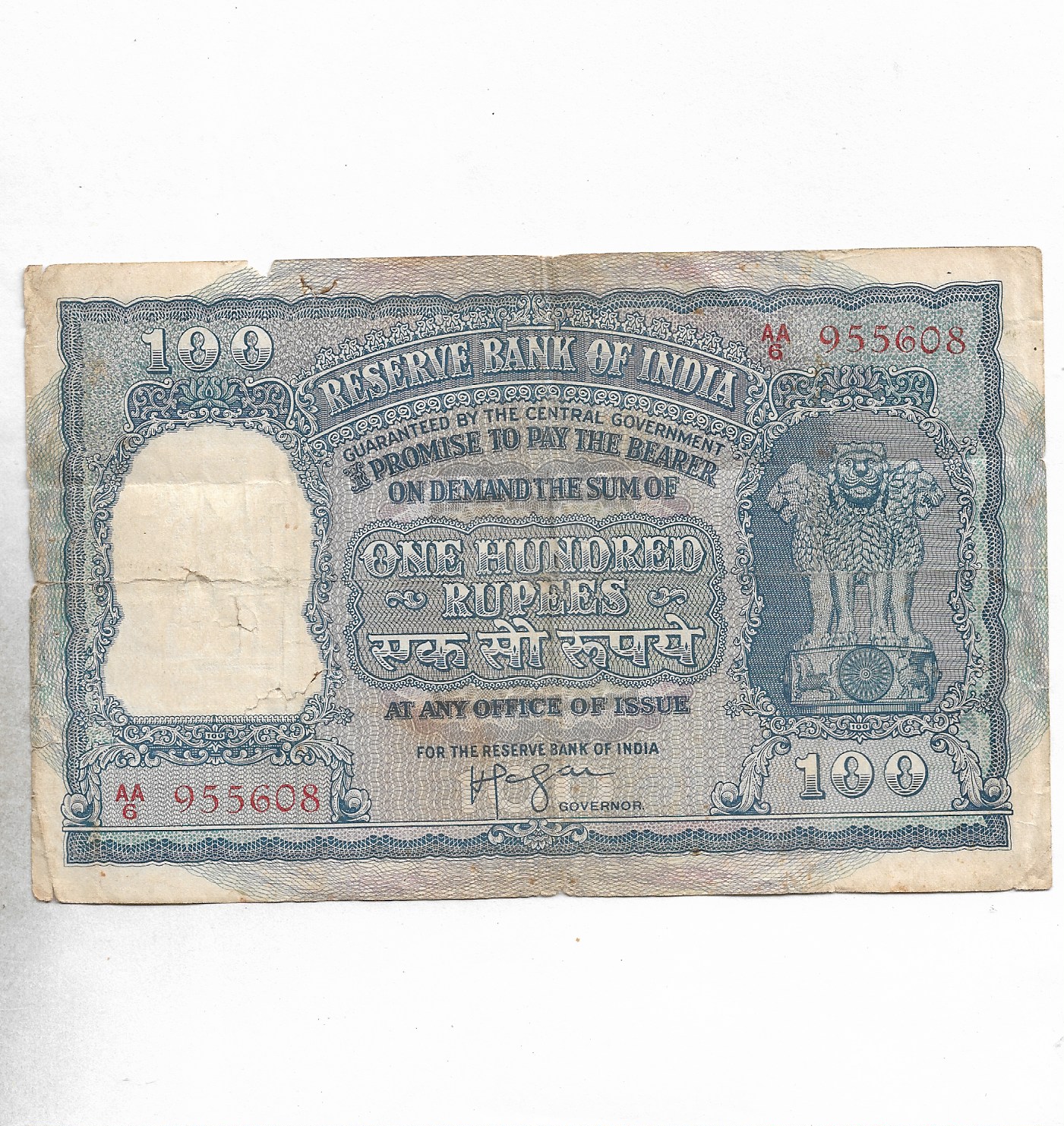 100 RUPEE ~ H.V.R.IYENGER ~ ELEPHANT ON BACK ~ RARE BIG NOTE ~ F-4/30 ...