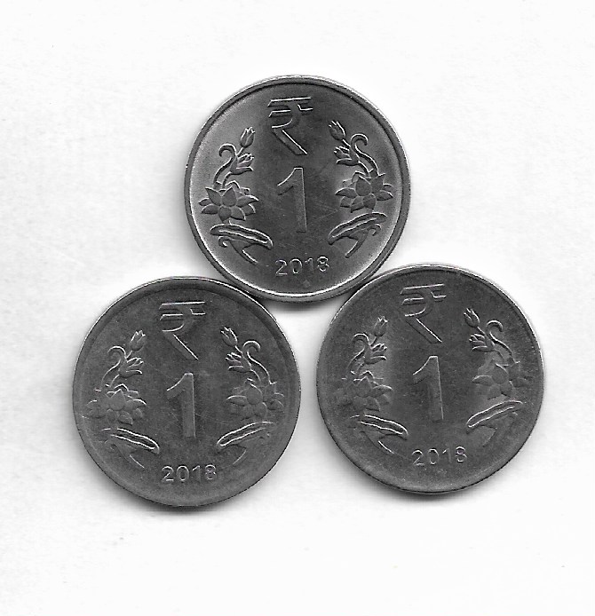 1 RUPEE ~ 2018, REGULAR ISSUE ~ NOIDA, KOLKATA & HYDERABAD MINT ~ 3 UNC ...