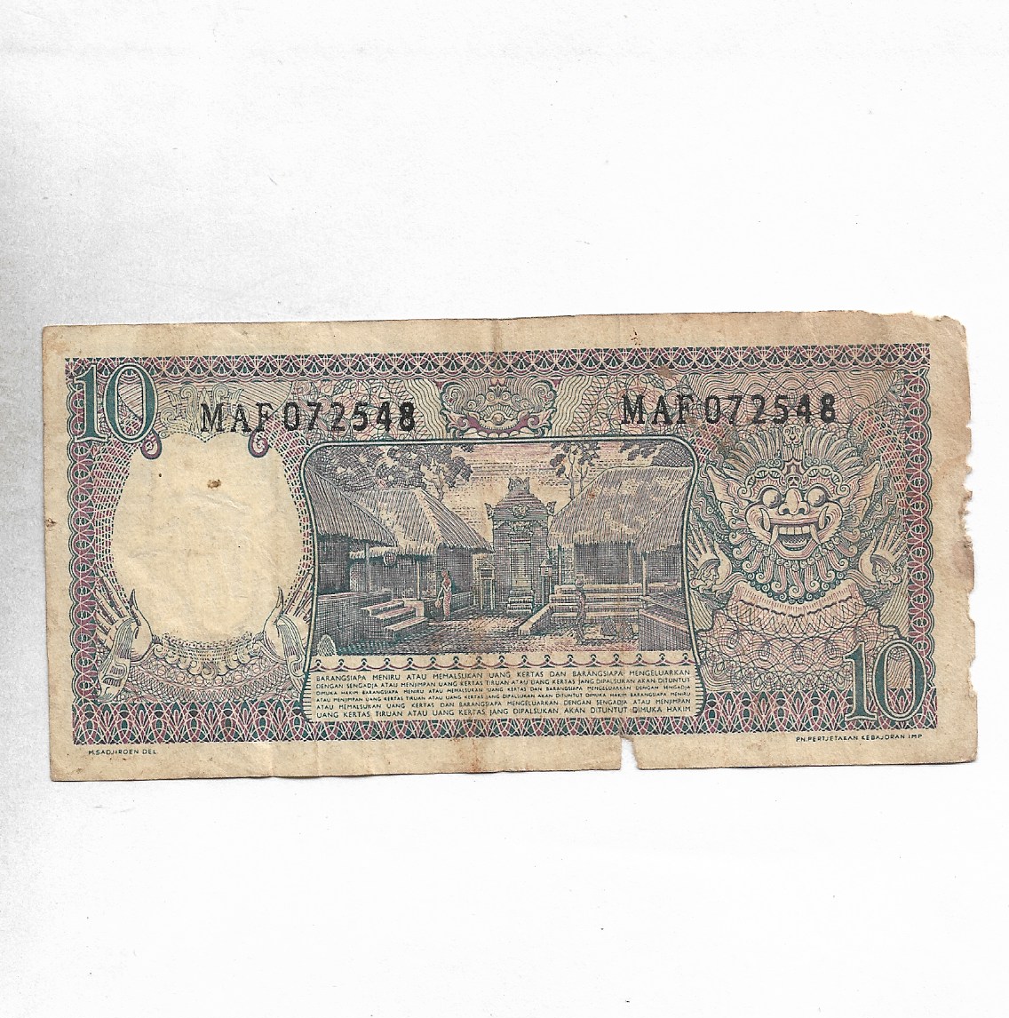 INDONESIA ~ 10 Rupiah, 1963 ~ RARE OLD ISSUE NOTE ~ F-4/4 – Indian ...