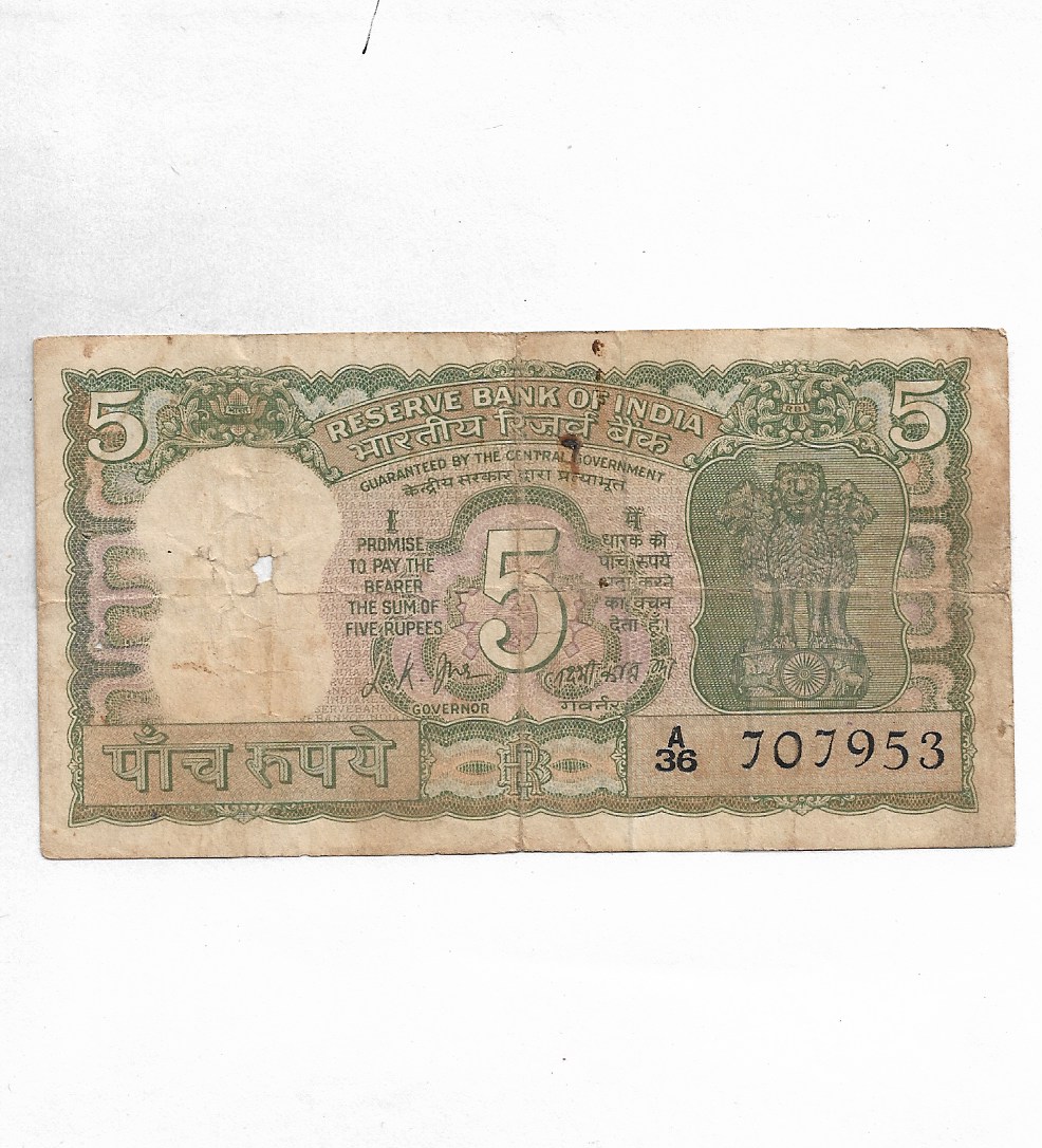 5 RUPEE ~ GANDHI ON BACK ~ L.K.JHA ~ “A” PRIFIX , RARE NOTE ~ F-37 ...