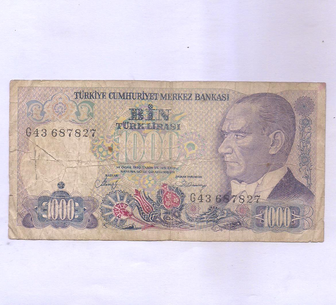 Turkey ~ 1000 Lira ~ 1970~ RARE NOTE ~ I-12 – Indian Hobby Club