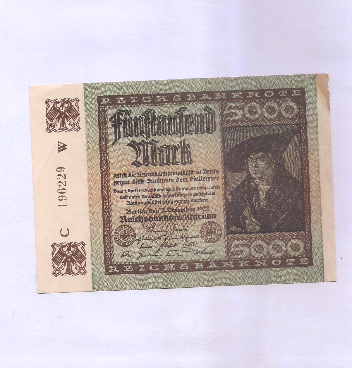 GERMANY ~ 5000 Mark Reichsbanknote ~ 1922 ~ RARE NOTE ~ E-23 – Indian ...