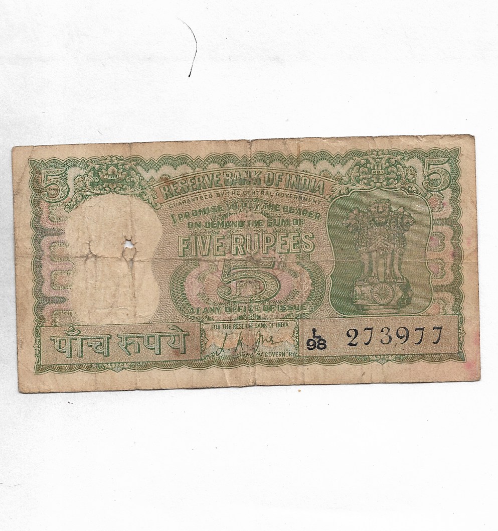 5 RUPEE ~ L.K.JHA ( DIAMOND ISSUE ) “L” PRIFIX ~ 4 DEERS ON BACK ~ RARE ...