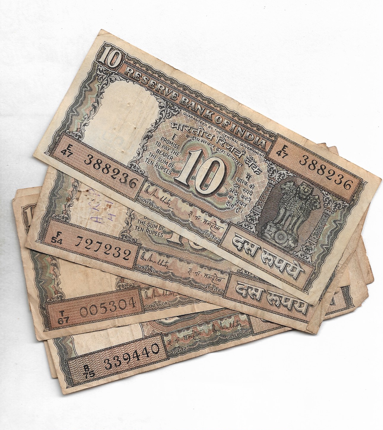 10 RUPEE ~ BLACK BOAT ON BACK ~ MIX 20 NOTES LOT ~ MIX GOVERNORS ~ W-1 ...