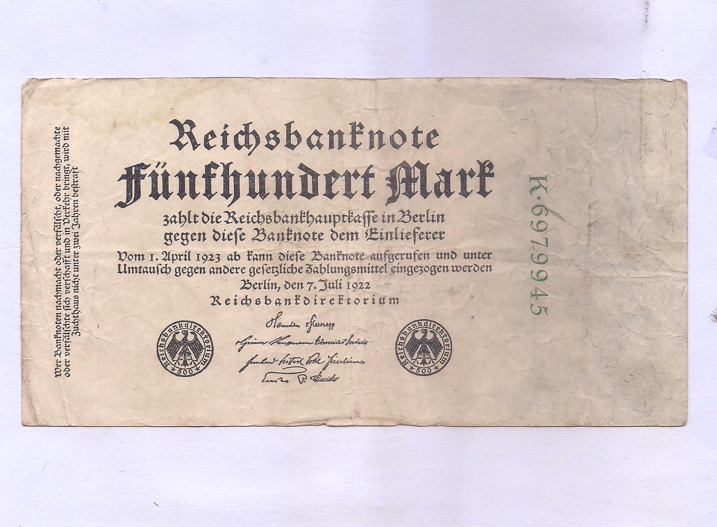 GERMANY ~ 500 Mark Reichsbanknote; 1922 2nd Issue ~ 1922~ RARE NOTE ~ F ...
