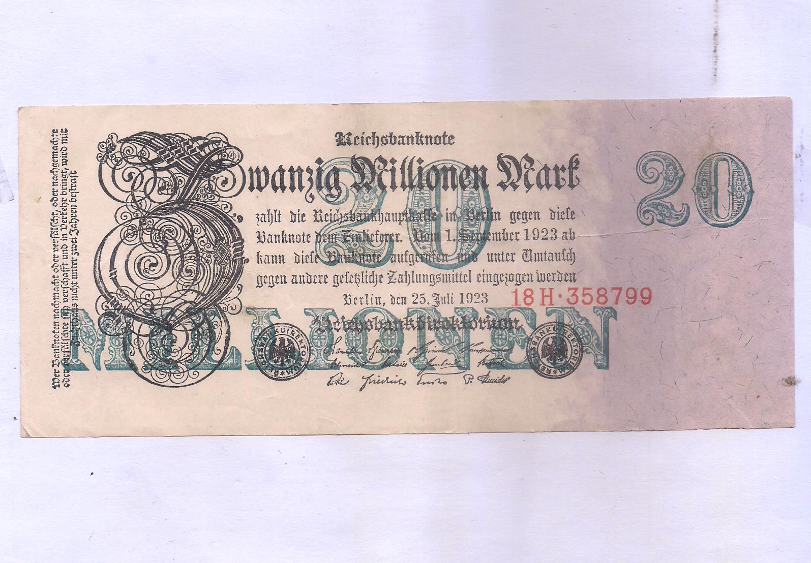 GERMANY ~ 20 000 000 Mark Reichsbanknote~ 1923~ RARE NOTE ~F-5/45 ...