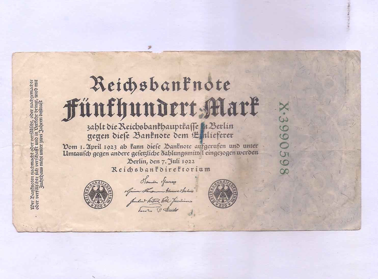 GERMANY ~ 500 Mark Reichsbanknote ~ 1922~ RARE NOTE ~ F-4/48 – Indian ...