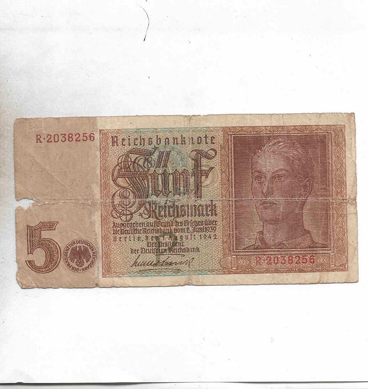 Germany ~ 5 Reichsmark Reichsbanknote, 1942 ~ RARE OLD ISSUE NOTE ~ B ...