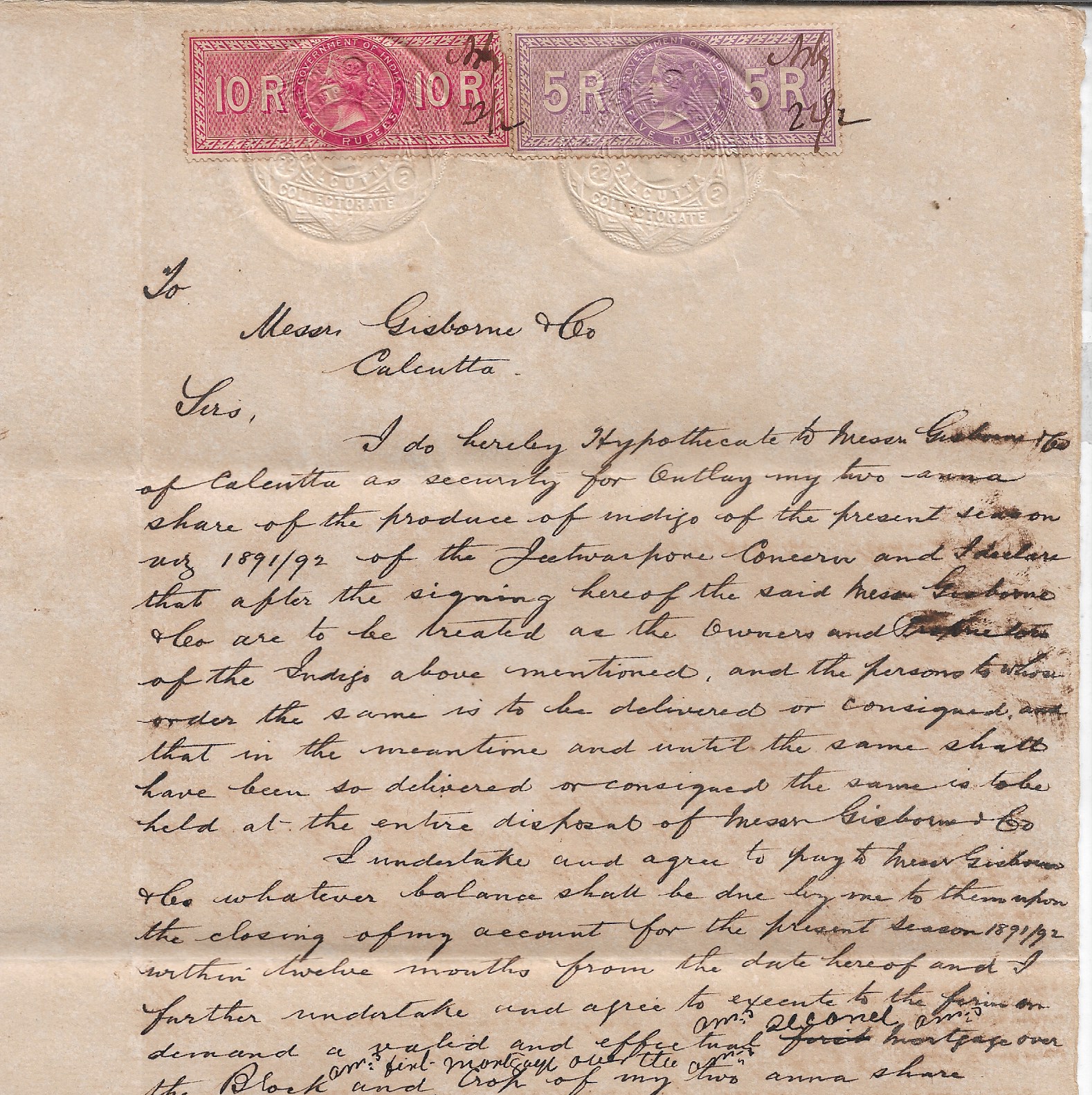 INDIA ~ OLD WILLIAM FORT ~ DOCUMENT OF 1892~ WITH ORIGINAL Signature ...